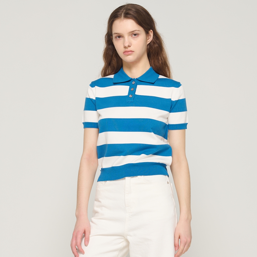 단가라 카라 반팔 니트 (블루) Dangara Collar Short Sleeve Knit (BLUE) - 카고브로스