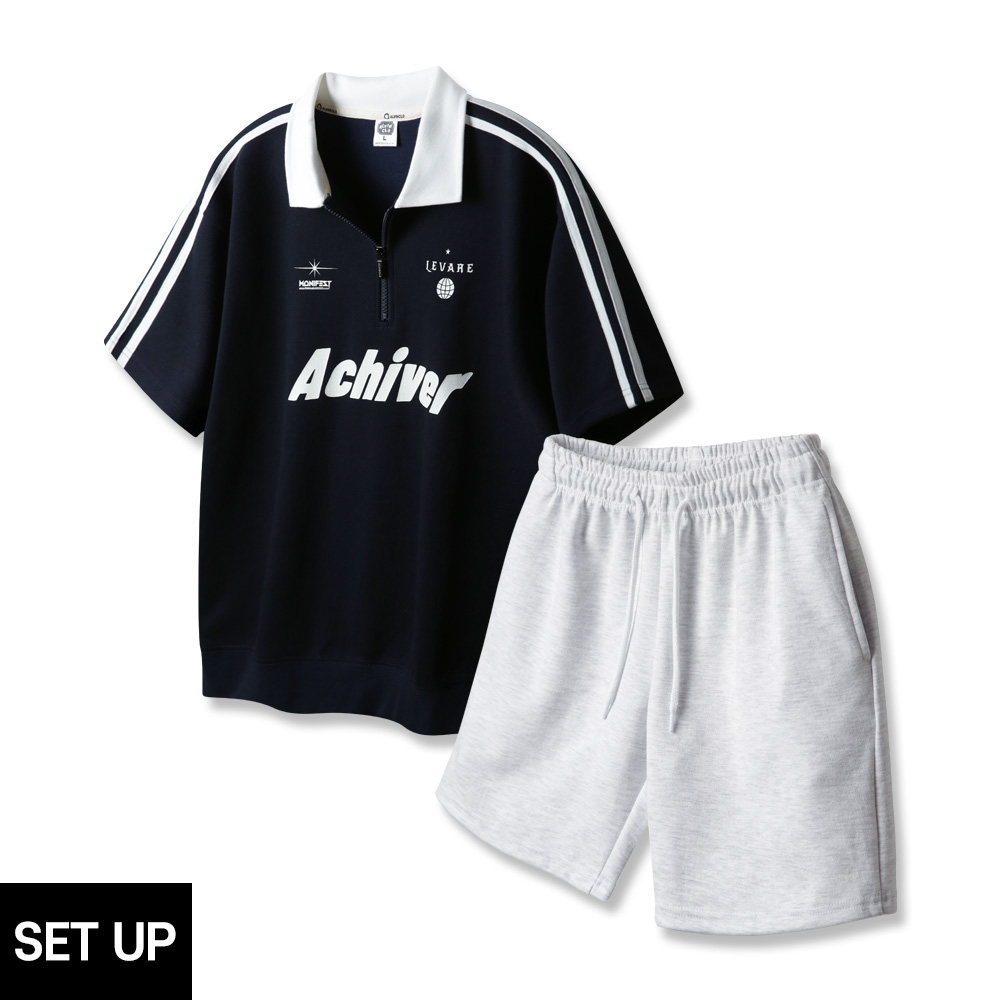 [SET] 앨빈클로 ACHIVER 트랙 반집업 반팔 맨투맨 코튼 밴딩 스웨트 반바지 셋업 [SET] AVLINCLO ...