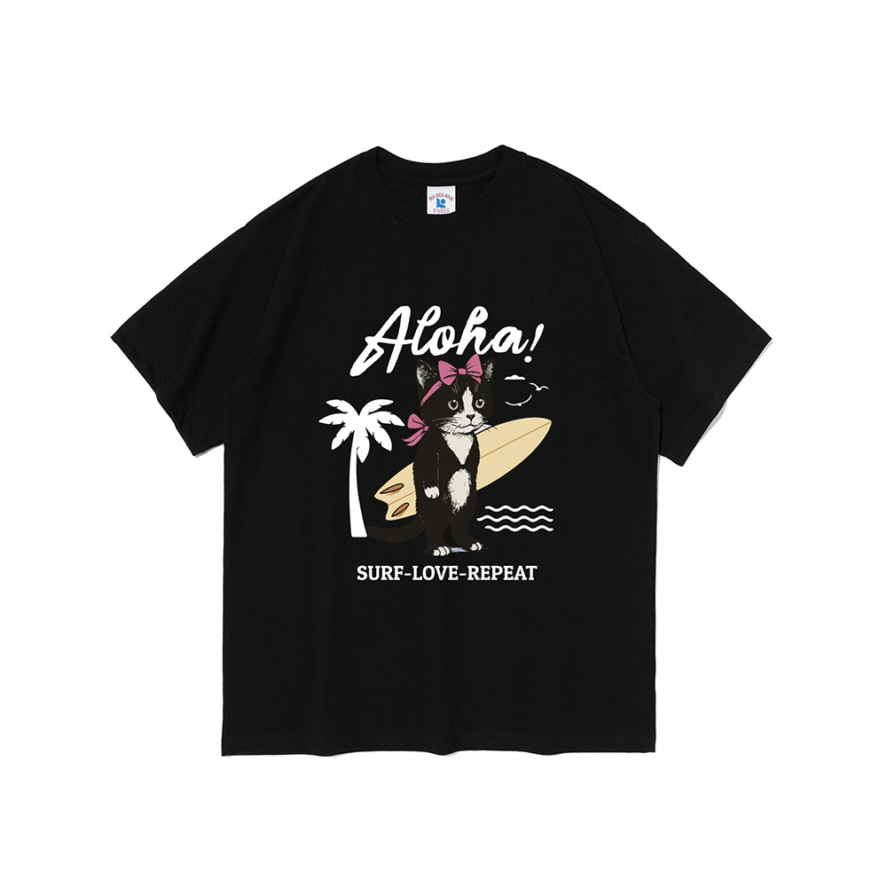 알로하 키튼 캣 프린팅 반팔 티셔츠 (블랙) ALOHA KITTEN CAT PRINTING SHORT SLEEVE T-SHIRT ...